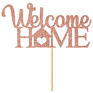 Welcome Home Cake Topper, Home Sweet Home, Welcome Back, Family Housewarming/Retirement/New Baby Party Decorations Supplies, Rose Gold Glitter