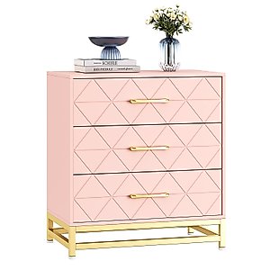 GarveeHome 3 Drawer Dresser, Wood Chest Drawers with Storage for Closet, Bedroom, Drawers Dresser Modern Bedside Nightstand with Gold Handles, Pink