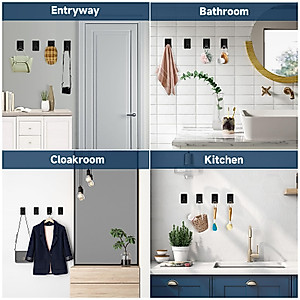 Quavzotu Self Adhesive Hooks Heavy Duty, Large Stainless Steel Towel Hooks, No Drill Sticky Hooks, Long Stick on Shower Wall Hooks for Hanging Hat Coat Key Headphone (Black(4Pcs))