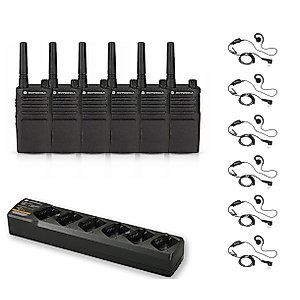 6 Pack of Motorola RMU2040 Radios with 6 Push to Talk (PTT) earpieces and a 6-Bank Radio Charger