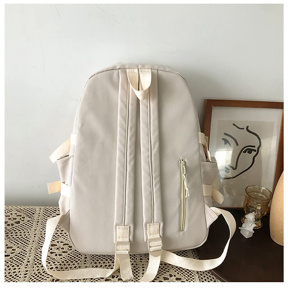 Aesthetic Kawaii Nylon Laptop Backpack with A Cute Bear Pendant, Suitable for Back to School, Large Capacity (white)