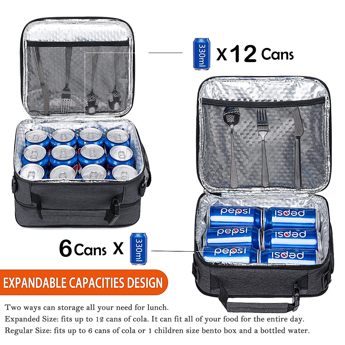 TuErCao Lunch Box for Men Women Adult Insulated Lunch Bag for Kids for School, Reusable Portable Soft Cooler Bag for Picnic Car Travel Road Trips, Dark Grey