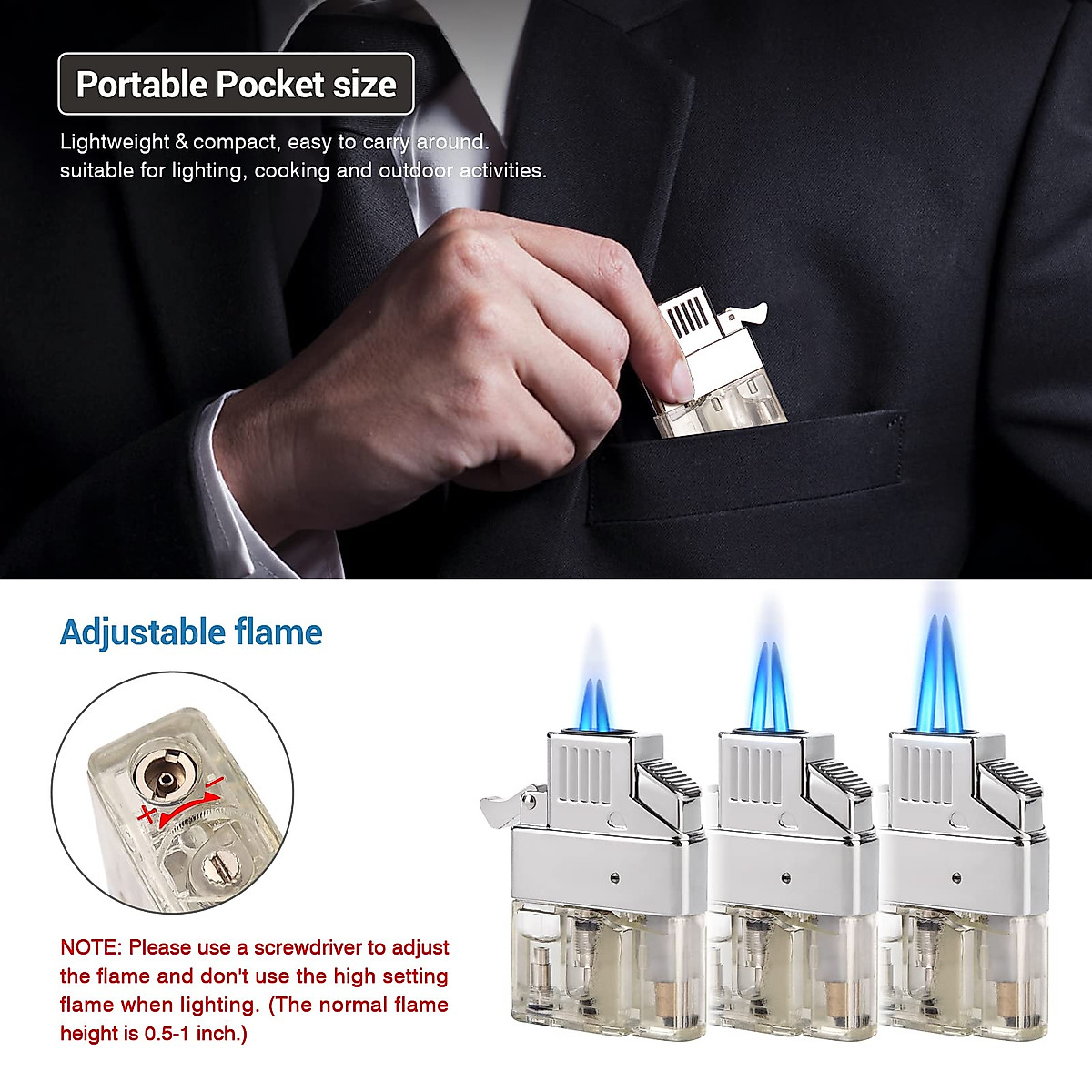 Coldown Butane Lighter Insert, Windproof Gas Lighter with Dual Torch Jet Flame Adjustable and Fuel Refillable, Unique Gifts for Men (Fuel No Included)