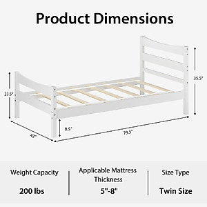 Giantex Wood Twin Bed Frame, Modern White Platform Bed w/Headboard & Footboard, Solid Wood Slat Support, No Box Spring Needed, Panel Bed Mattress Foundation for Kids, White