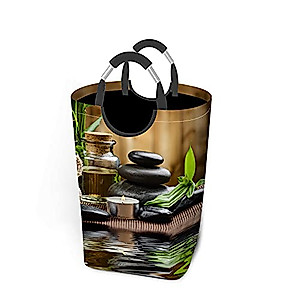 Wondertify Zen Laundry Hamper Basalt Stones Spa Oil Wood Green Bamboo Black Pebble Clothes Basket With Easy Carry Handles For Clothes Organizer Toys Storage