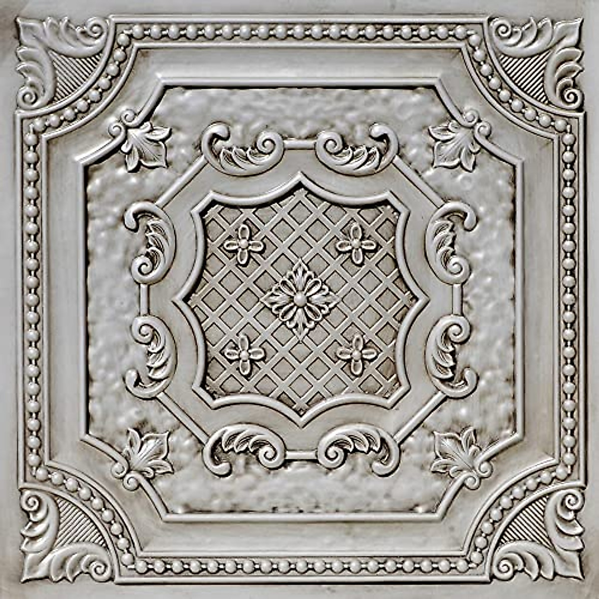 From Plain To Beautiful In Hours DCT04 Elizabethan Shield PVC 2' x 2' Lay-in or Glue-up Ceiling Tile (Covers / 40 sq.ft), Antique White, 10 Piece