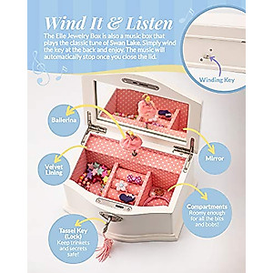 Elle Jewelry Box - Ballerina Jewelry Organizer and Swan Lake Wind-Up Music Box for Girls and Teens, Accessories and Keepsake Wooden Storage with Lock and Mirror, Charming Room Decor and Gift, Small