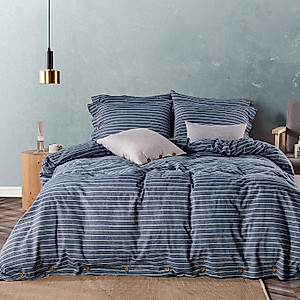 JELLYMONI Pinstriped 100% Washed Cotton Linen Like Duvet Cover Set, 3 Pieces Luxury Soft Bedding Set with Buttons Closure, Blue Stripes Pattern Printed Duvet Cover King Size(No Comforter)
