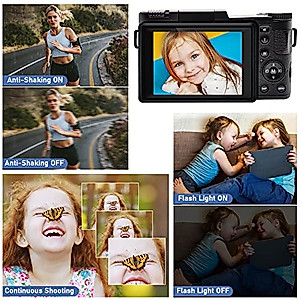 Digital Camera, Vlogging Camera for Photography and Video on YouTube, 2.7K 30MP Point and Shoot Cameras, 3 Inch 180 Degree Flip Screen, 2 Batteries, 32GB SD Card (Black)
