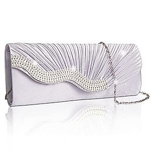 Larcenciel Clutch Purses for Women, Satin Pleated Evening Bag with Detachable Chain, Formal Glossy Envelope Clutch Handbag Shoulder Cross body Bag Bridal Clutch Wedding Clutch Prom Party Purse(Sliver)