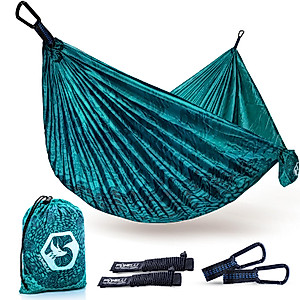 Foxelli Camping Hammock – Lightweight Parachute Nylon Portable Hammock with Tree Ropes and Carabiners, Perfect for Outdoors, Backpacking, Hiking, Camping, Travel, Beach, Backyard & Garden