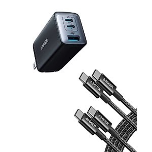 Anker 333 USB C to USB C Cable (6ft 100W, 2-Pack), USB 2.0 Type C Fast Charging Cable USB C Charger, 735 Charger (Nano II 65W), PPS 3-Port Fast Compact Foldable Wall Charger