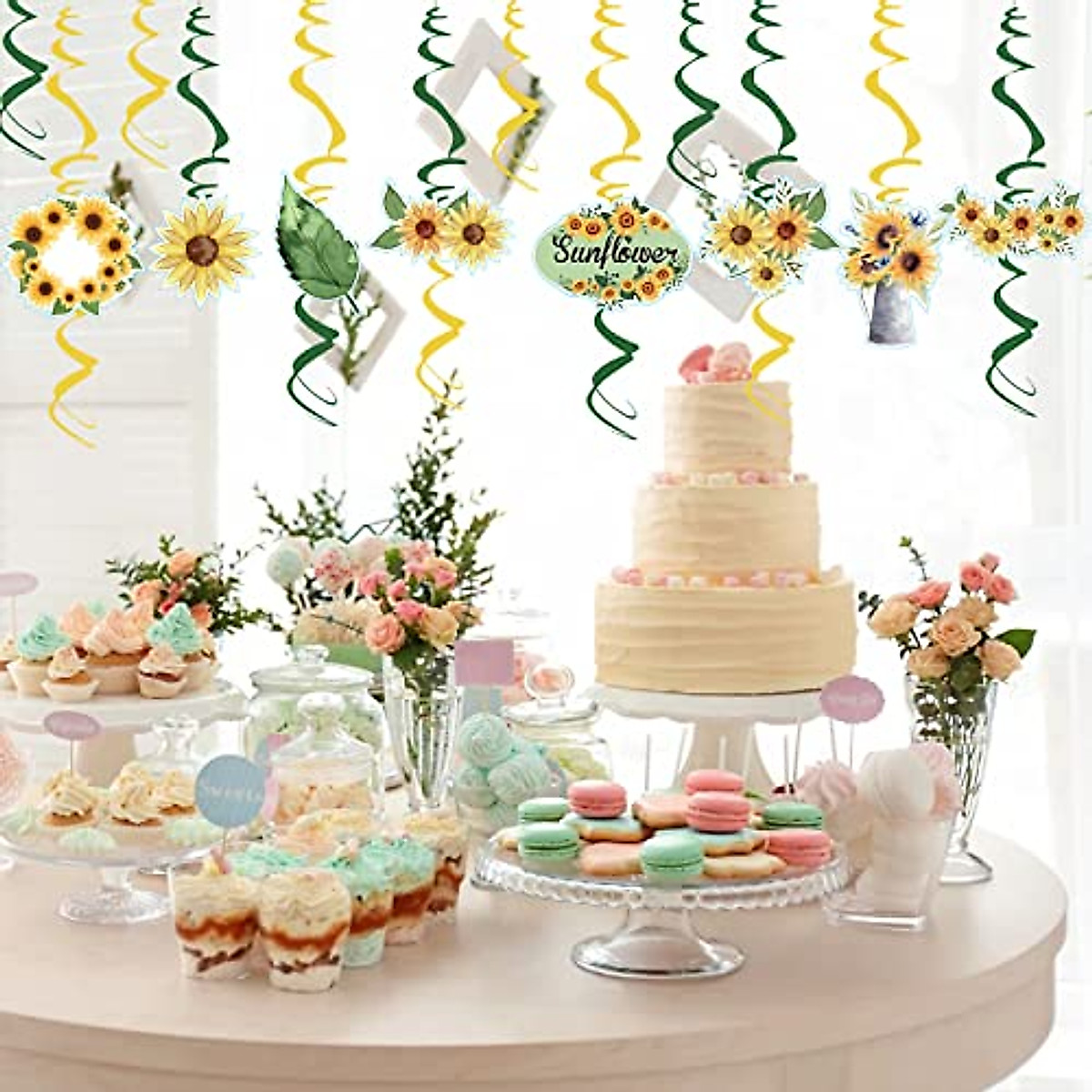 UOMNICUE 30 PCS Yellow Sunflower Hanging Foil Swirls Ceiling Streamers Wall Decor Party Supplies for Kids Birthday Baby Shower Spring Summer Flower Themed Party Decoration