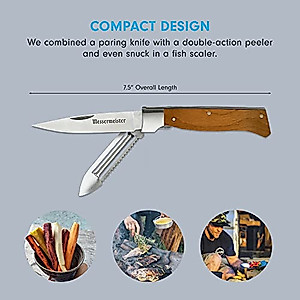 Messermeister Adventure Chef Folding Peeler & Parer - Includes Full-Sized Paring Knife, Peeler & Scaler - 303 Stainless Steel & Carbonized Maple Handle