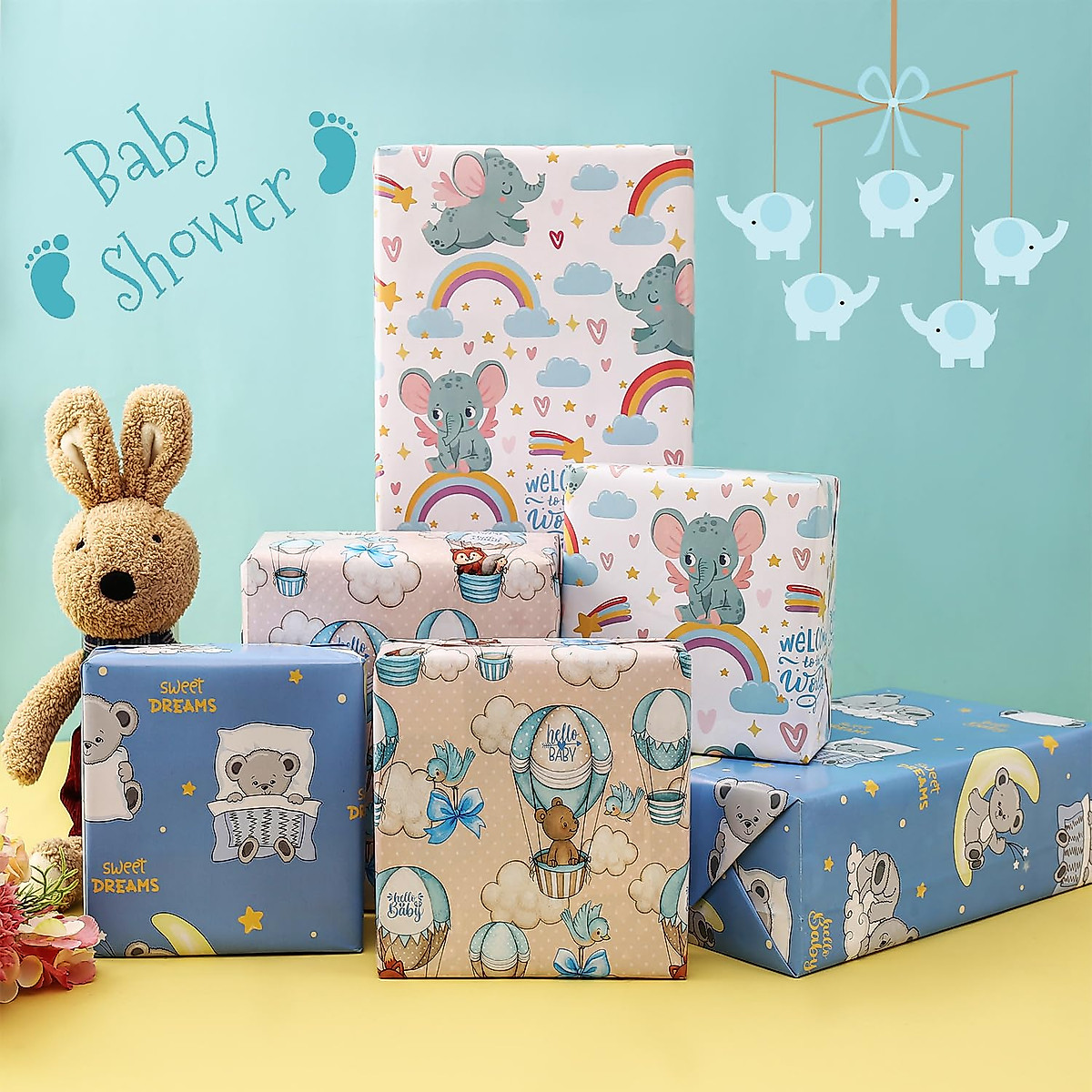 BOLIANNE Baby Shower Wrapping Paper - Gift Wrapping Paper for Boys Girls Kids with Cute Baby Bears Elephants Hedgehogs, 6 Large Sheets Baby Gift Wrap for Birthday Holiday, 27 X 37 Inch