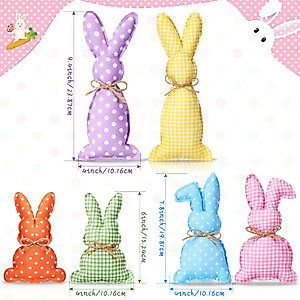 6 Pcs Rustic Easter Bunny Decor Farmhouse Stuffed Fabric Bunny Ornament Polka Dot Grid Easter Basket Bowl Fillers for Tiered Tray Desk Table Top Wedding Home Easter Centerpiece Decoration (Dark)