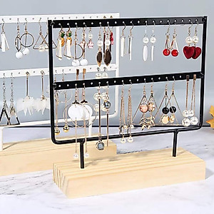 lemonadeus Earrings Organizer Jewelry Display Wood Stand (44 Holes 2 Layers) (Black)