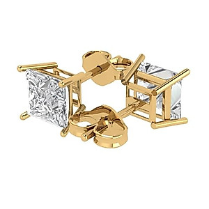 Clara Pucci 4.0 ct Princess Cut VVS1 Conflict Free Solitaire Genuine Moissanite Designer Stud Earrings Solid 14k Yellow Gold Push Back
