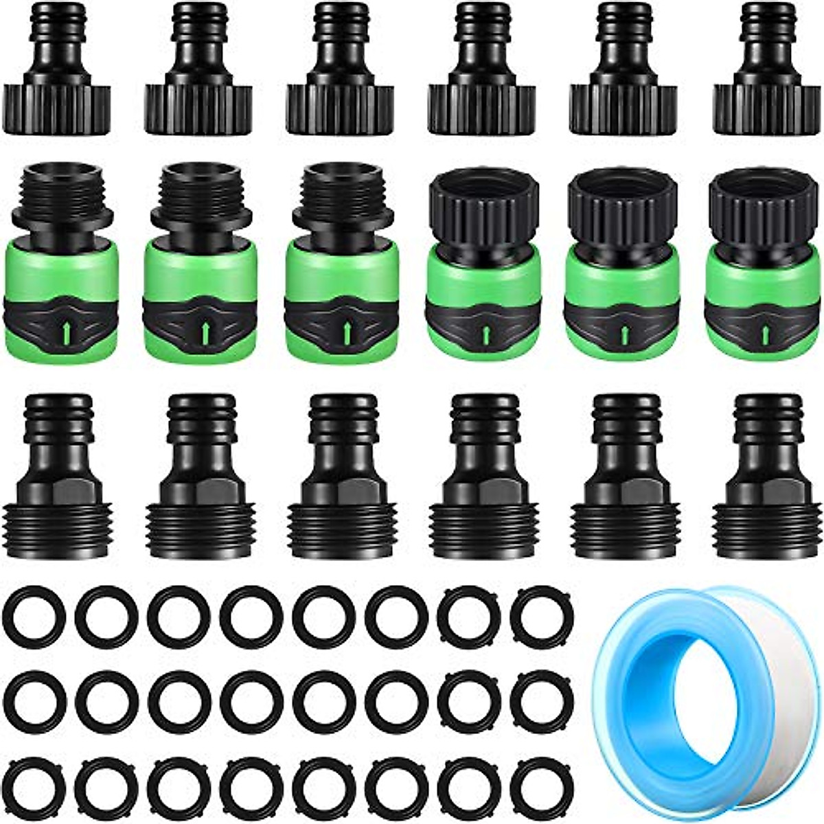 18 Pieces Quick Garden Hose Connector 3/4 Inch Thread Male and Female Hose Connectors Plastic Water Hose Fittings Hose End Adapters with 24 Pieces Rubber Gaskets and Roll of Tape