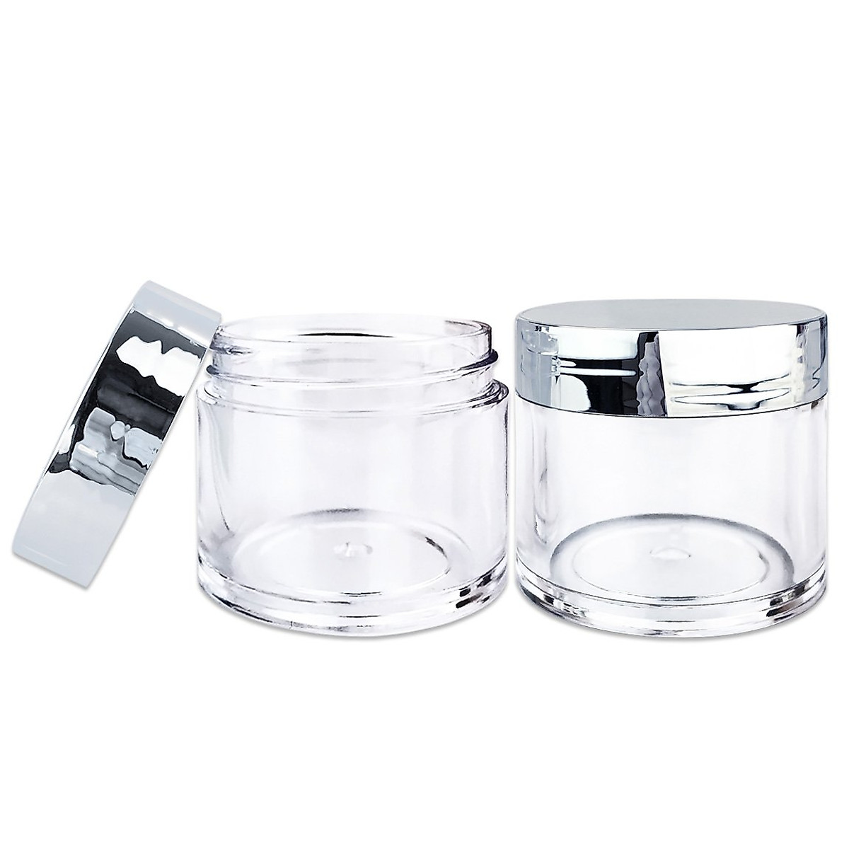 Beauticom 30g/30ml (1 fl. oz.) Double Wall Clear Plastic Leak Proof Jars with Flat Top Lids for Creams, Lotions, Make Up, Powders, Glitters, and more... (Color: Metallic Silver Lid, Pieces: 12)