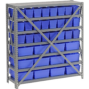 Global Industrial 7 Shelf Steel Shelving with (36) 4" H Plastic Shelf Bins, Blue, 36x12x39