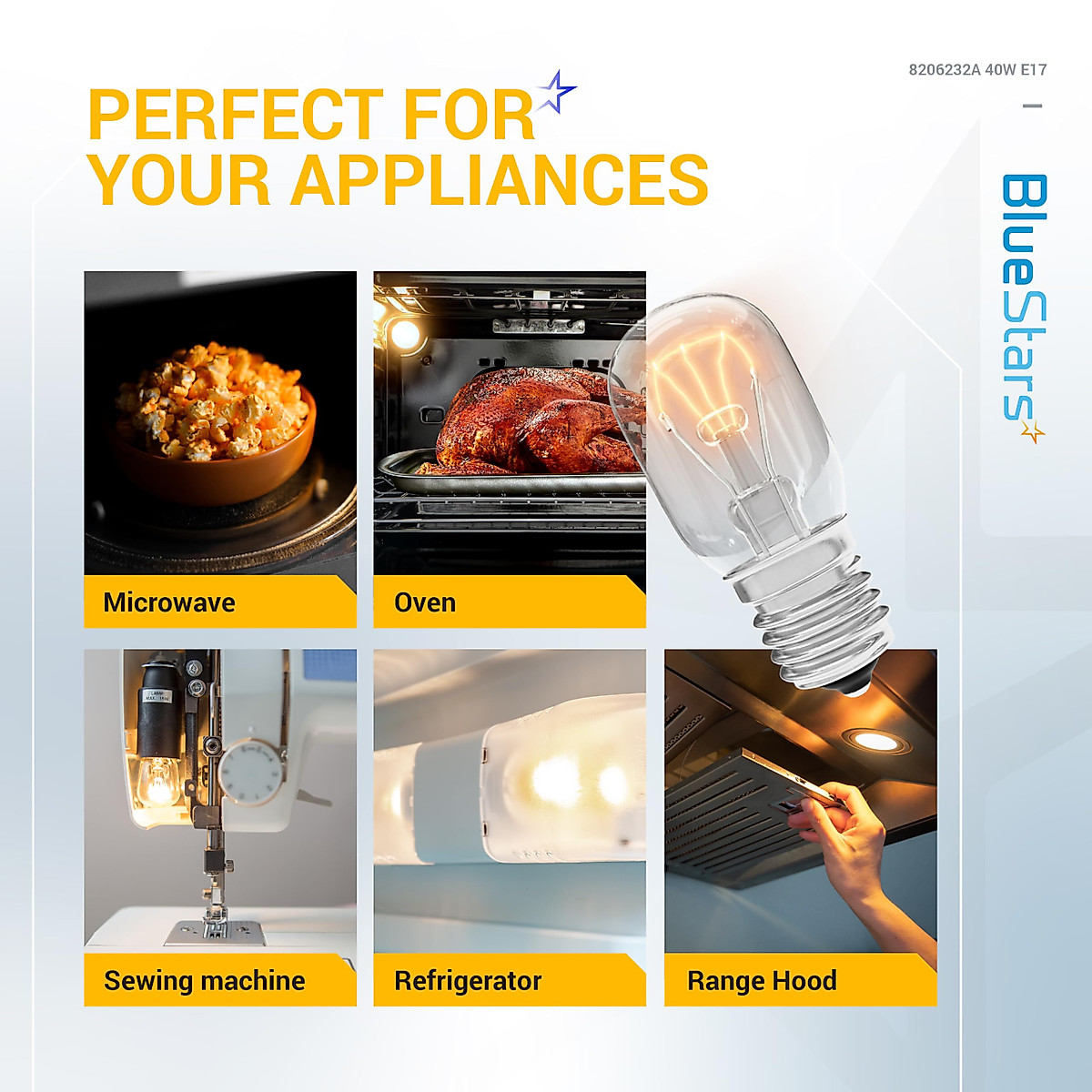 BlueStars 8206232A Whirlpool Microwave Light Bulb Kei 125V 40W Microwave Bulb E17 Fits Whirlpool Maytag Lava Lamps Salt Lamp Bulbs - Replaces 1890433 8206232 AP4512653 (3 Packs)