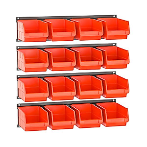 TNINE 16-Pack Plastic Wall-Mounted Stackable Storage Bins with 4 Steel Rails - Tool Organizer for Garage or Workshop