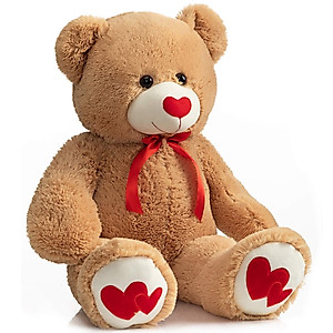 HollyHOME Big Teddy Bear Stuffed Animal Large Bear Plush with Red Heart for Girlfriend and Kids Valentine's Day 36 inch Tan