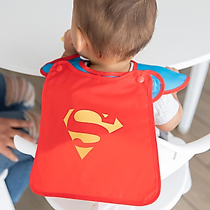 Bumkins Bib for Girl or Boy, Baby and Toddler for 6-24 Months, Essential Must Have for Eating, Feeding, Baby Led Weaning, Mess Saving Waterproof Soft Fabric, SuperBib with Cape, Superman DC Comics