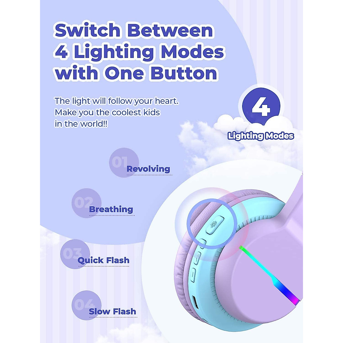 iClever BTH12 Kids Bluetooth Headphones,Colorful LED Lights Wireless Kids Headphones,74/85/94dB Volume Limited,55H Playtime,Bluetooth 5.2,Over Ear Headphones with Mic for iPad/Tablet/Traveling,Purple