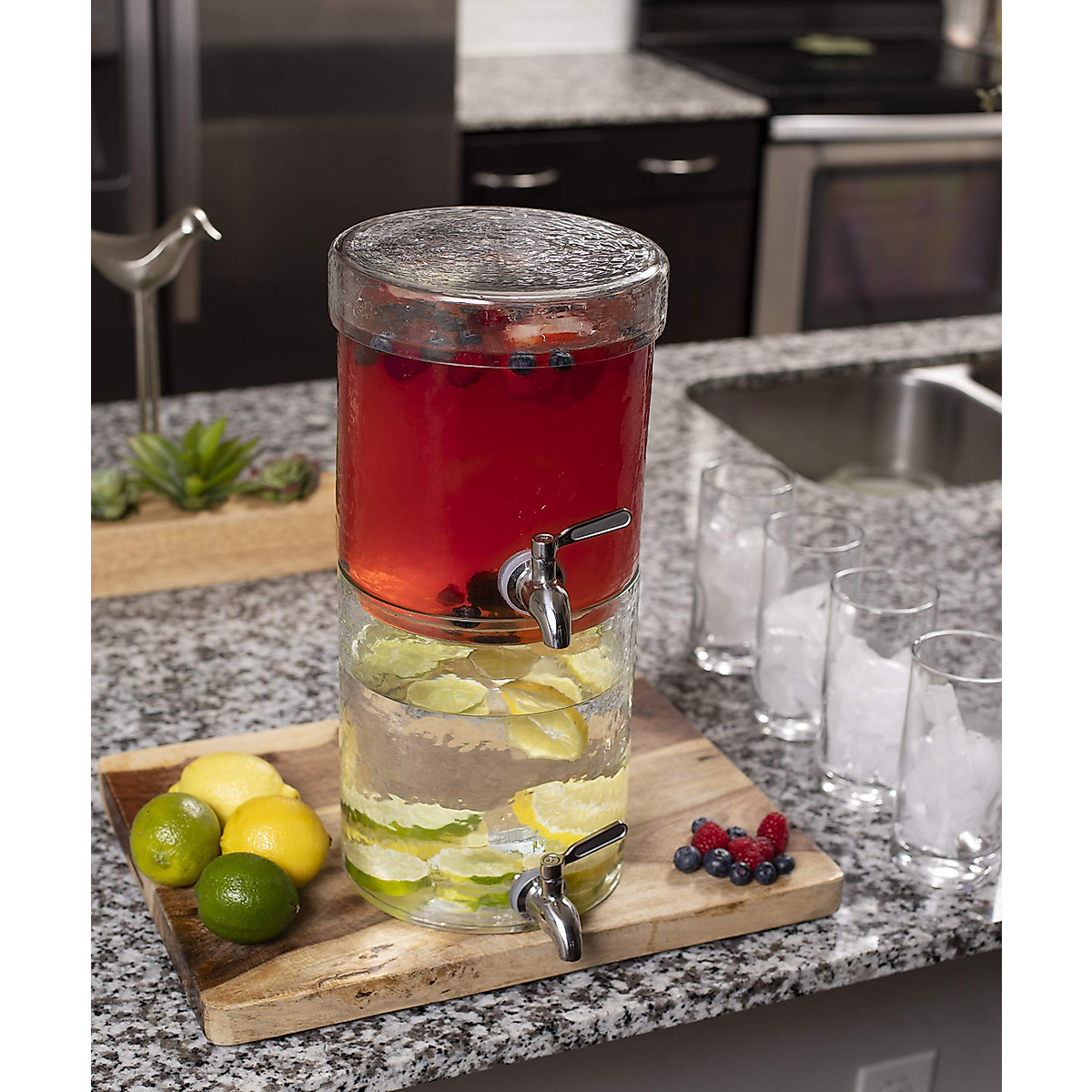 BIRDROCK HOME 2 Gallon Stacking Beverage Dispenser with Lid - Hammered Glass - Stainless Steel Spigot - Decorative Round Jar for Drinks - Lemonade Sangria Tea Water Drink Jar Jug - Home Parties