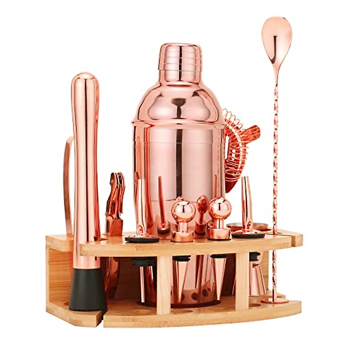 JNWINOG Cocktail Shaker Set,12Pcs-Shakers Bartending with 25oz Martini Shaker and Bamboo Stand, Cocktail Mix Drink Making Kit Professional for Bartender(Rose Copper)