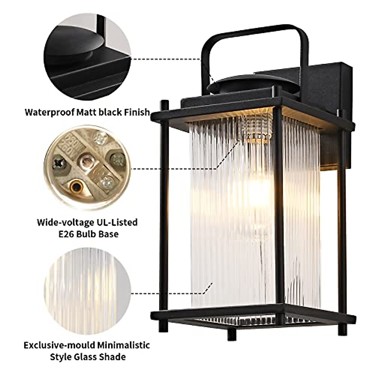 GAAZIE Outdoor Wall Lantern,Exterior Waterproof Light Fixtures,Black Porch Light with Striped Glass,13''H Outdoor Light Fixtures for Garage Front Porch and Patio 1 Pack Bulb Not Included