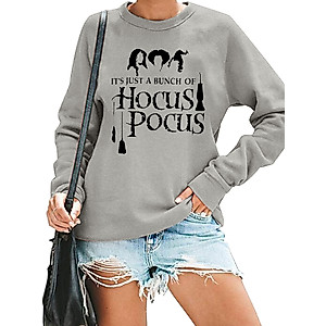 KIDDAD It's Just A Bunch of Hocus Pocus T-Shirt Women Halloween Sanderson Sisters Long Sleeve Crewneck Casual Pullover Tops Light Gray