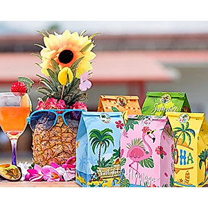Whaline 24Pcs Hawaiian Tropical Gift Bags Wrapped Treat Bags with Tag Stickers Summer Vibes Party Favor Bags Aloha Candy Bags Kraft Paper Gift Bags for Summer Hula Party Supplies Gift Wrap
