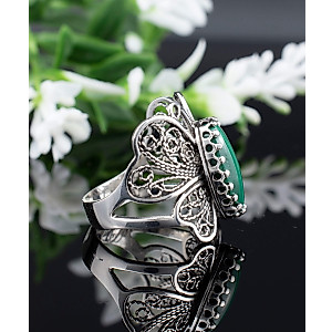 Filigranist Sterling Silver Filigree Art Butterfly Women Cocktail Ring with Gemstones (Malachite, 9)