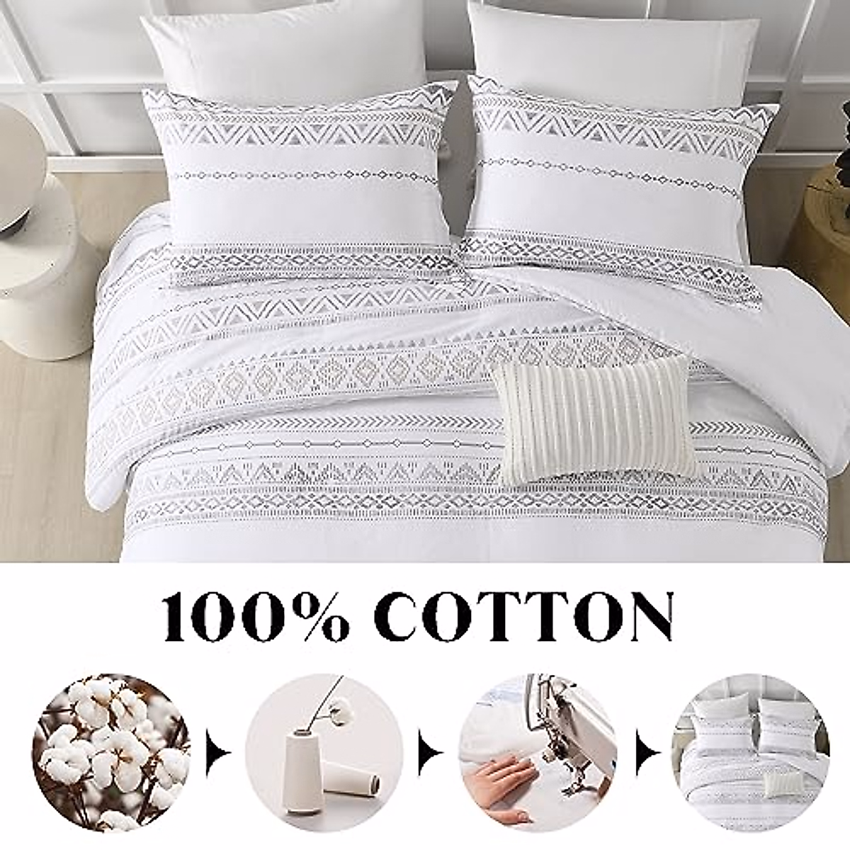 CozyDH Boho Comforter Set Queen Size - 100% Egyptian Long-Staple Cotton Modern Design with Geometric, Modern Breathable Lightweight All Season Bedding Set with Shams, 90"x90", Grey/White, 3 Piece