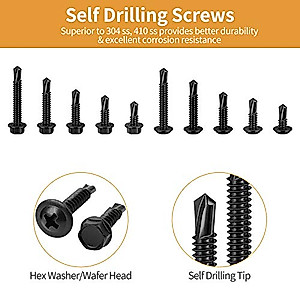 410 Stainless Steel #8 Self Tapping Screws, Hex Washer & Modified Truss Head Self Tapper Screws, VIGRUE 370PCS Self Screws for Metal Plastic Assortment Kit