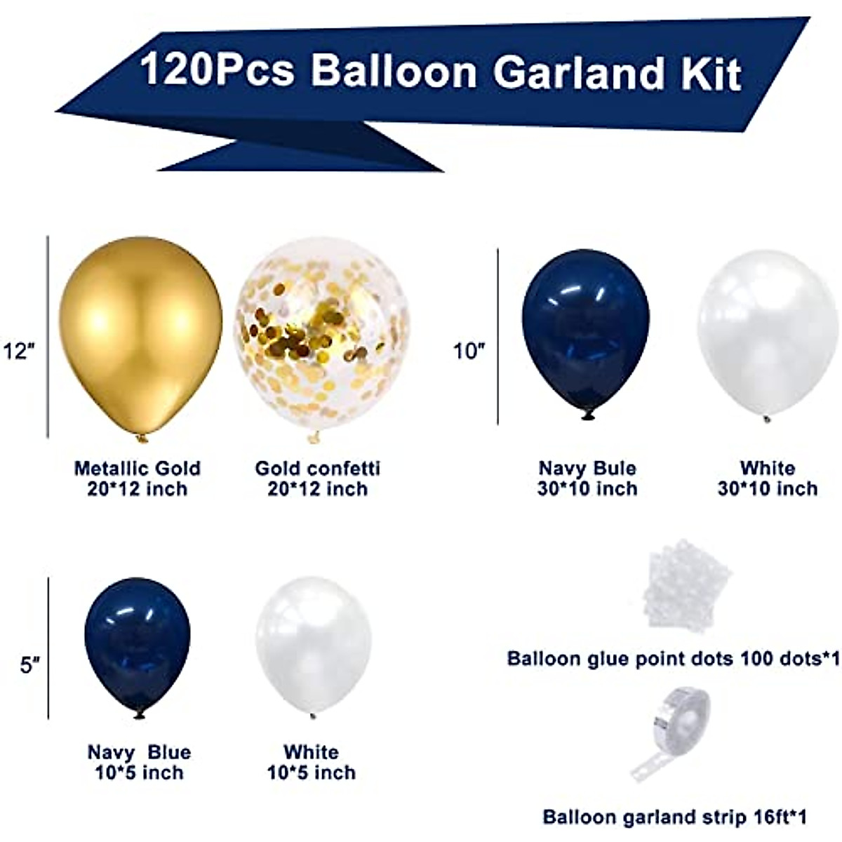 Navy Blue Gold Balloons Garland Arch Kit - 120 Pcs Navy Blue and Metallic Gold Confetti White Latex Balloons for Party Wedding Birthday Special Events Party Graduation Decoration