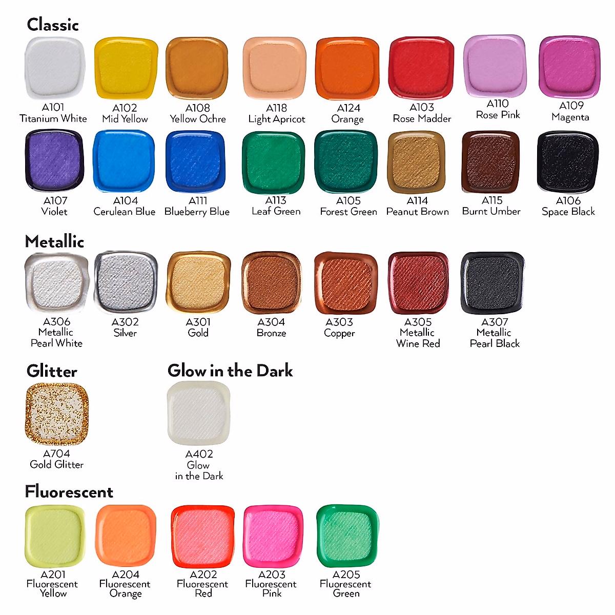 Arteza 3D Fabric Paint, Set of 30, Metallic & Glitter Colors, 1oz Tubes, Glow-in-The-Dark & Vibrant Shades, Textile Paint for Clothing, Accessories, Ceramic & Glass