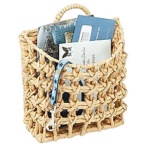 mDesign Woven Hyacinth Hanging Wall Mount Storage Organizer Basket - Rustic Hangable Mounted Market Baskets for Kitchen, Bathroom, Shelf - Holds Floral, Food, and Mail - Set of 2 - Natural/Tan