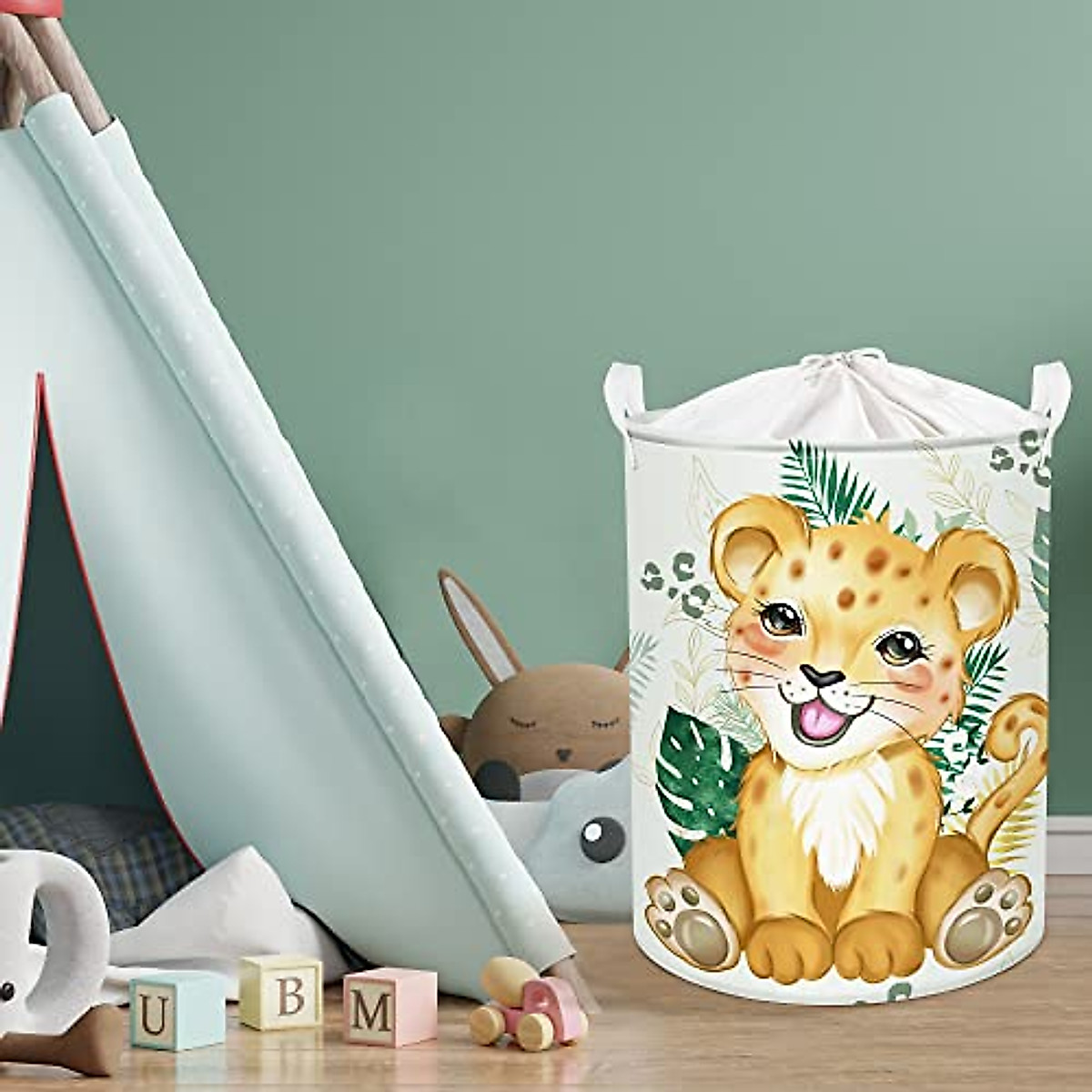 Clastyle Woodland Animal Leopard Nursery Hamper Green Tropical Palm Leaves Laundry Basket Round Toy Clothes Storage Basket for Kid Bedroom