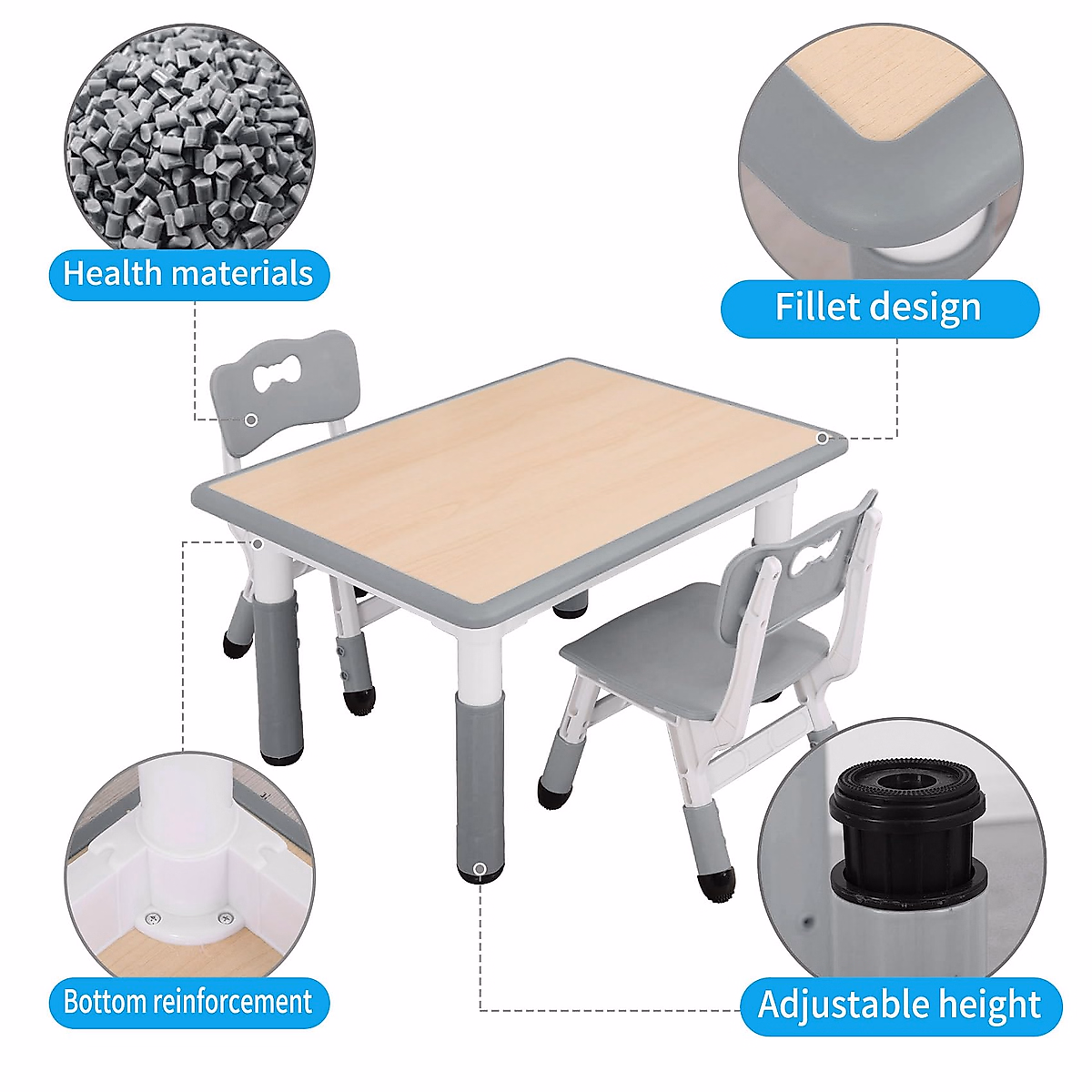 UNICOO Kids Table and Chairs Set, Height Adjustable Toddler Table and Chairs Set, Easy to Wipe Arts & Crafts Table, Suitable for Ages 2-10, Childrens Table and Chair Set (BY-60-MGY)