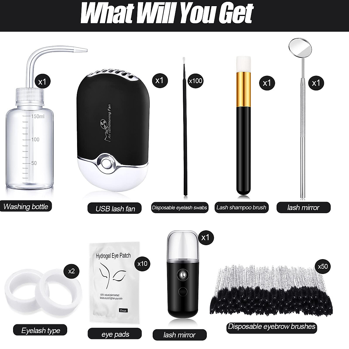 Eyelash Extension Supply Eyelash Extension Kit with USB Air Conditioning Blower Nano Facial Mister Silicone Pad Tweezers Eye Gel Pad Mini Brush Wash Bottle Mascara Brush Glue Ring (Black)
