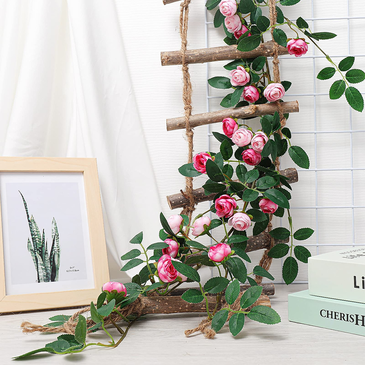 Whaline 54Pcs Rose Flower Garland Double Pink Fake Rose Vine Garland with Green Leaves 5.7ft Artificial Hanging Floral Garland Realistic Flowers String for Home Wedding Party Garden Craft Wall Decor