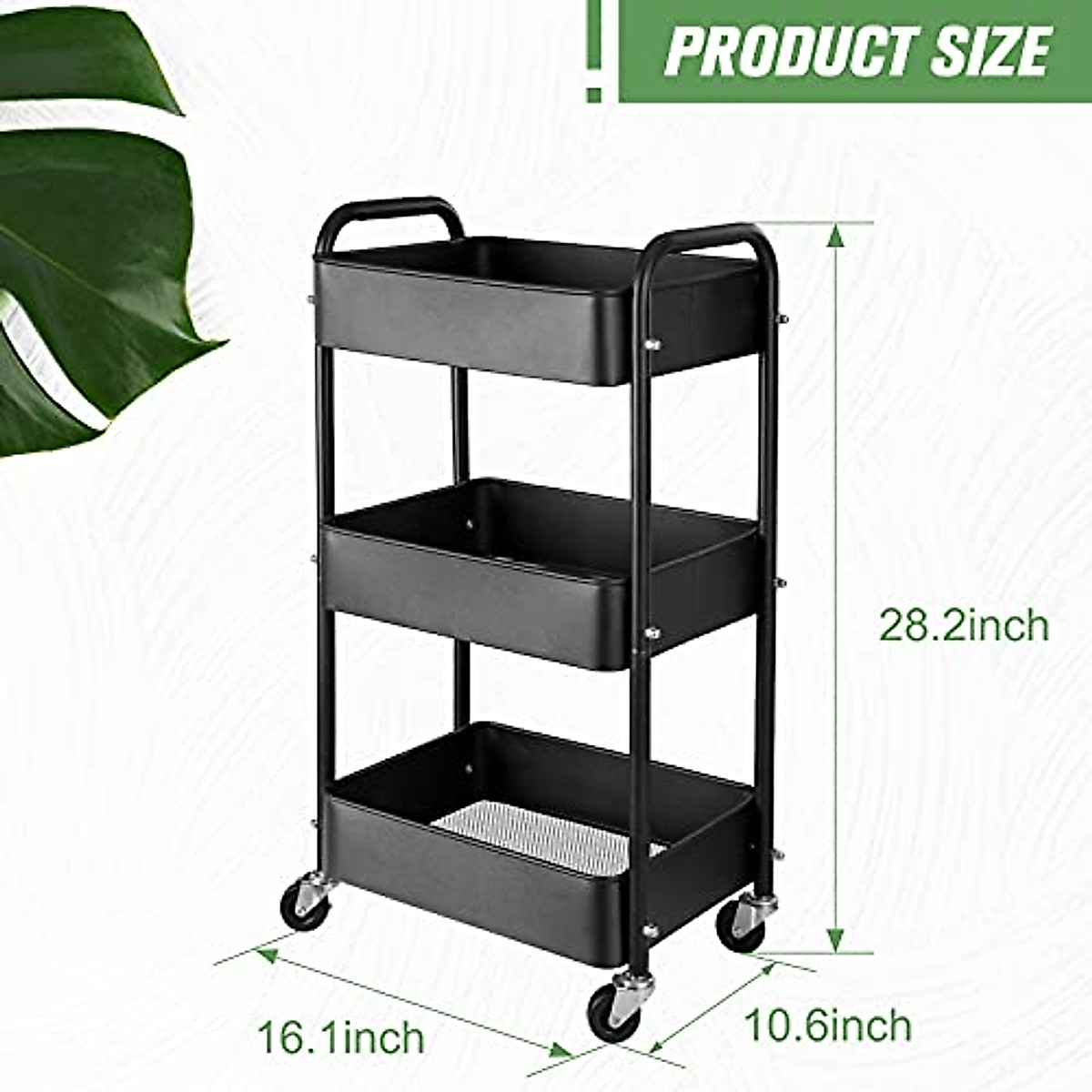 ABCOOL 3-Tier Metal Storage Organizer Rolling Utility Cart - Home Kitchen Bathroom Bedroom Office Classroom Laundry Cleaning Supplies Bar Craft Shelf Cart with Caster Wheels, College Dorm Essentials