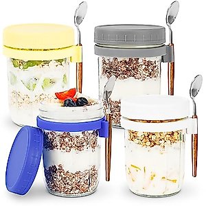 GUEQUITLEX Overnight Oats containers with lids and Spoon 12 oz Overnight Oats Jars Airtight Glass Mason Jars for Milk, Cereal, Fruit