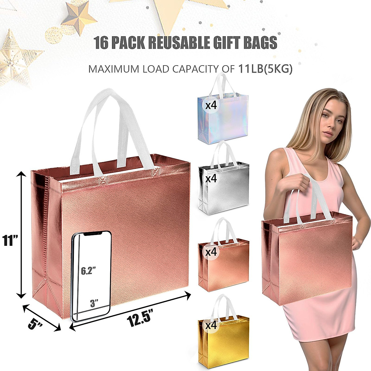 JOHOUSE 16PCS Party Favor Bags with Handles, 12.6 x 5 x 11 Inch Large Reusable Gift Bags with Glossy Finish Gold Silver Rose Iridescent Non-woven Bags for Kids Birthday Wedding Party Favors