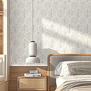 MelunMer Modern Peel and Stick Wallpaper Boho 17.3''×118'' Contact Paper for Cabinets and Drawers Self Adhesive Wallpaper Removable Wallpaper for Bedroom Geometric Wallpaper for Bathroom Beige/White