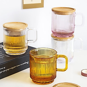 Lysenn Amber Glass Coffee Mug with Lid - Premium Classical Vertical Stripes Glass Tea Cup - for |Latte|Tea|Chocolate|Juice|Water| - Unleaded - Bamboo Lid - 12.5 Ounces